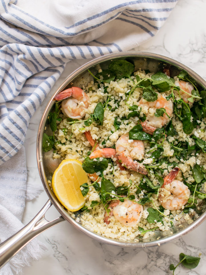 Cauliflower Rice with Shrimp, Watercress and Feta | Carolyn's Cooking