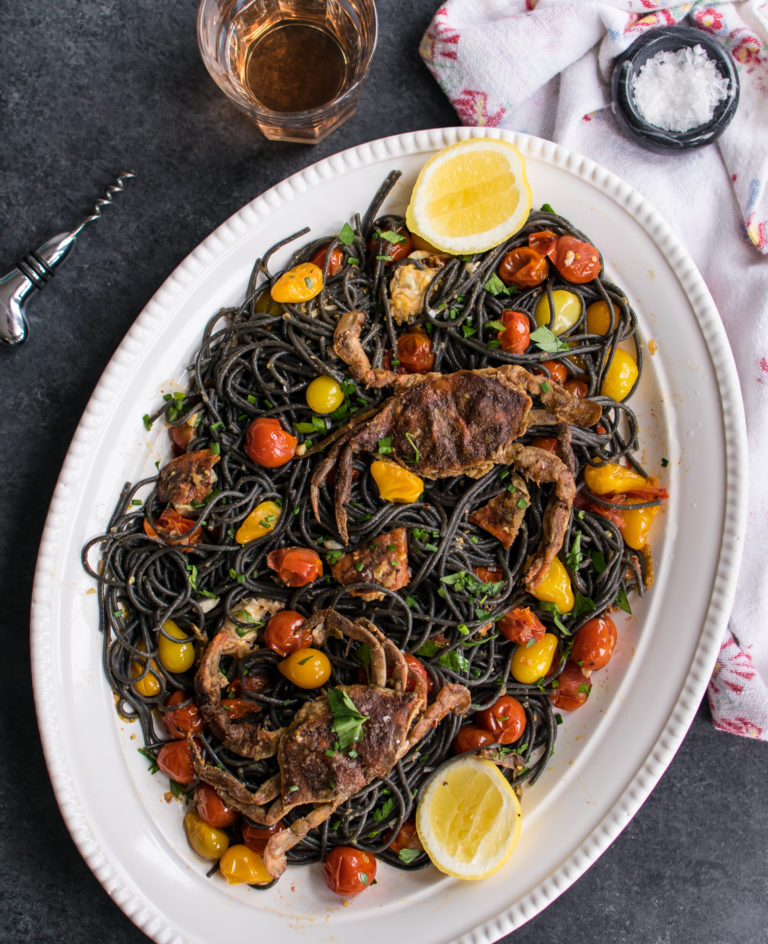 Squid Ink Pasta with Soft Shell Crab and Tomatoes | Carolyn's Cooking