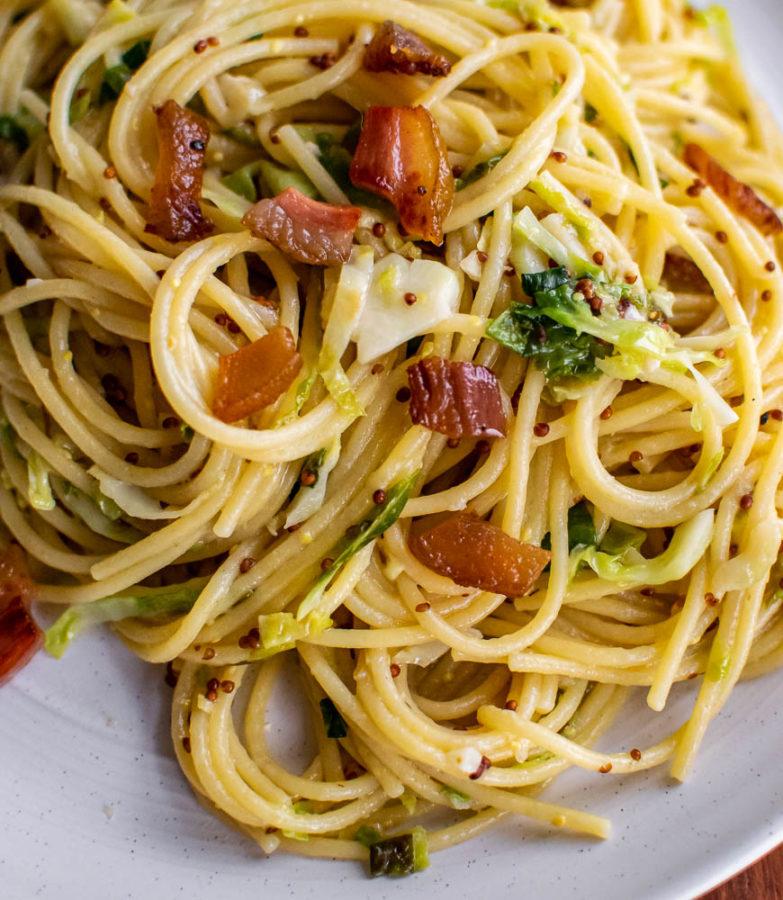 Spaghetti with Guanciale and Brussels Sprouts | Carolyn's Cooking