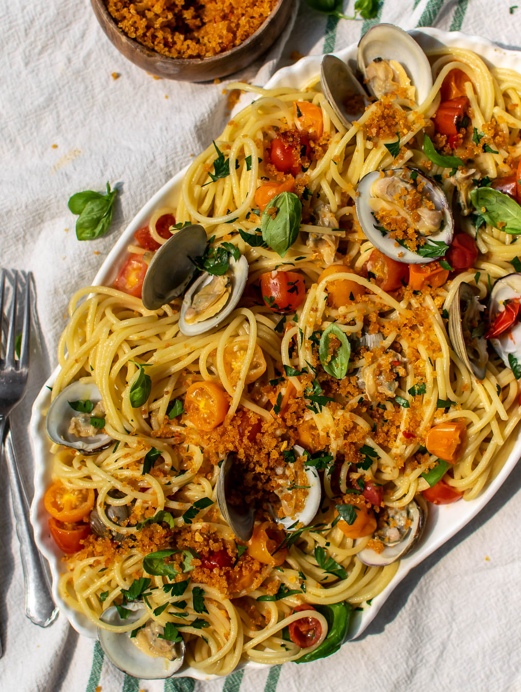 Clam Pasta with Tomatoes and Spicy Breadcrumbs | Carolyn's Cooking